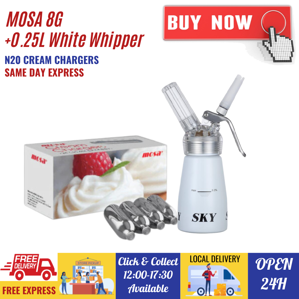 Mosa Whipped Cream Chargers 8g N2O + 0.5L Whipper Black - 100 (2 x 50 pks)